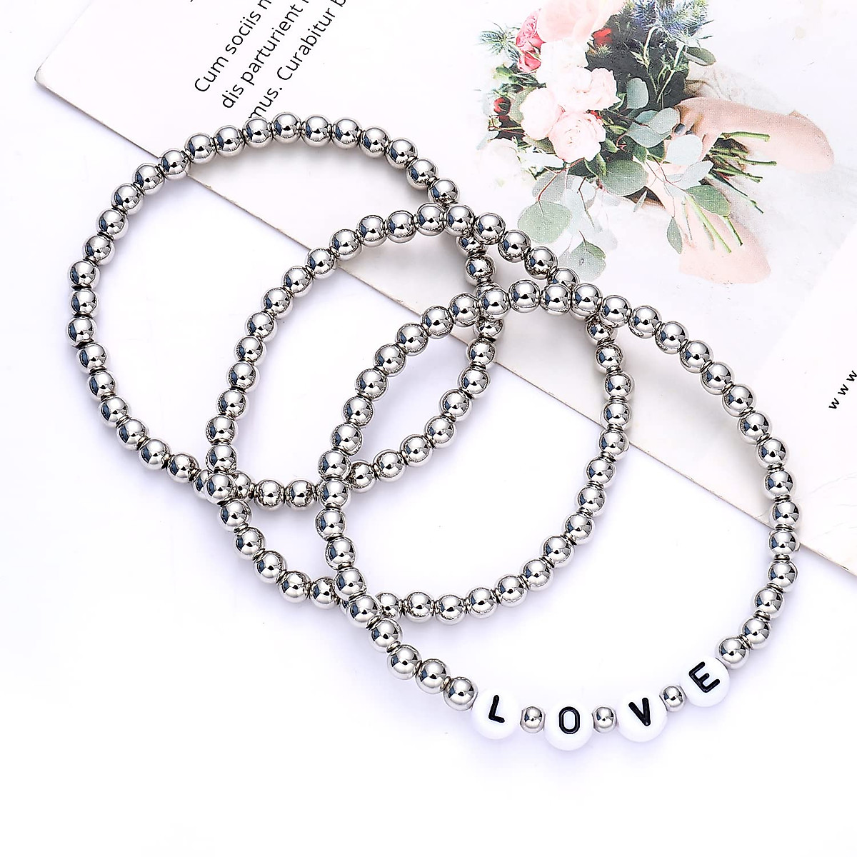CEALXHENY Beaded Bracelets Stackable Brass Bead Ball Chain Bracelets for Women LOVE Letter Stretch Bracelet Bangles for Men Women Holiday Valentine’s Gift (C Letter LOVE Silver)