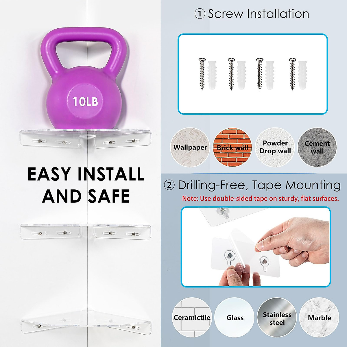 OAPRIRE Corner Shelf Wall Mounted Set of 3, Easy-to-Assemble Corner Floating Shelves Organizer with Adhesive, Acrylic Corner Wall Shelf for Living Room Bedroom Bathroom Kitchen (Clear)