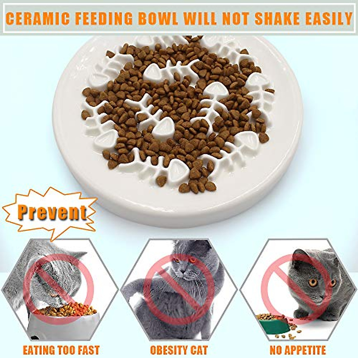 Slow Feeder Cat Bowl,Cat Puzzle Feeder Ceramic Dish with Fish Bone Design,Fun Interactive Slow Down The Eating Speed of Pets,Against Bloat,Indigestion