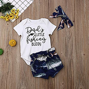Newborn Infant Baby Girls Boys Clothes Letter Print Romper Bodysuit Cute Fishing Ruffles Shorts Pants Headband Outfits Set (White, 6-12 Months)