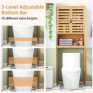 Tangkula Over The Toilet Storage Cabinet, Tall Natural Bamboo Bathroom Shelf Over Toilet with 2 Doors & Open Shelf, Freestanding Toilet Bathroom Space Saver, 24.5 x 9 x 67 Inch (Natural)