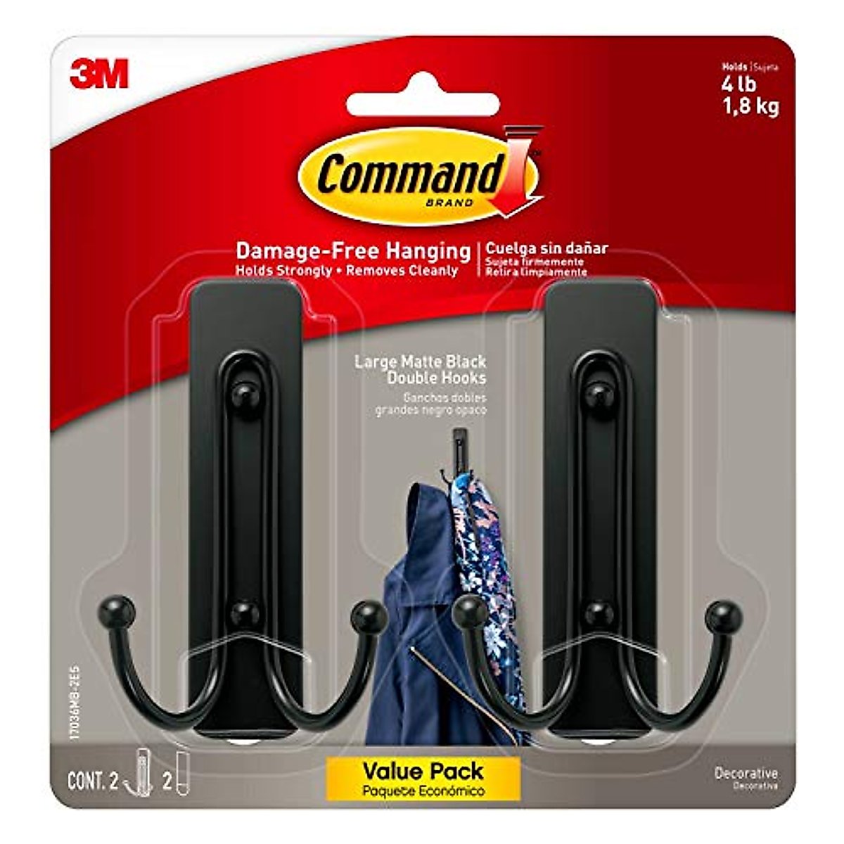 Command Large, Damage Free Hanging Wall Hooks with Adhesive Strips, No Tools Double Wall Hooks for Hanging Decorations in Living Spaces, 2 Black Plastic Hooks and 2 Command Strips