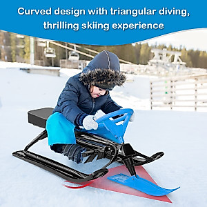 Costzon Snow Racer Sled, Ski Sled with Steering Wheel & Twin Brakes, Durable Steel Frame, Great Weight Capacity of 220 LBS, Classic Downhill Steerable Sled for Kids Teenagers Adult (Blue)