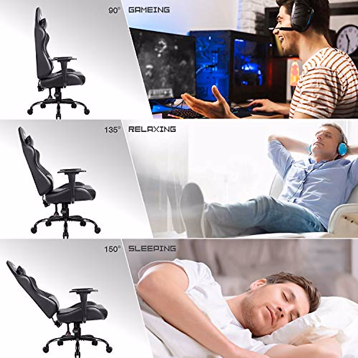 Homall Gaming Chair Computer Office High Back Leather Gamer Desk Chair Ergonomic Adjustable Swivel Racing Chair with Headrest and Lumbar Support (Black)