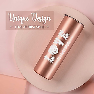 Onebttl Volleyball Gifts for Teen Girls & Team, Stainless Steel Kids Volleyball Tumbler, Double Wall Vacuum Insulated Bottle with Lid and Straw - RoseGold Love at first Spike