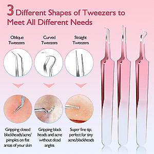 Kresecioo 9 PCS Blackhead Remover Tools, Pimple Popper Tool Kit, Acne Tools Extractor Kit Professional for Nose Face, Blemish Whitehead Zit Popping Tool with Portable Leather Bag(Pink)