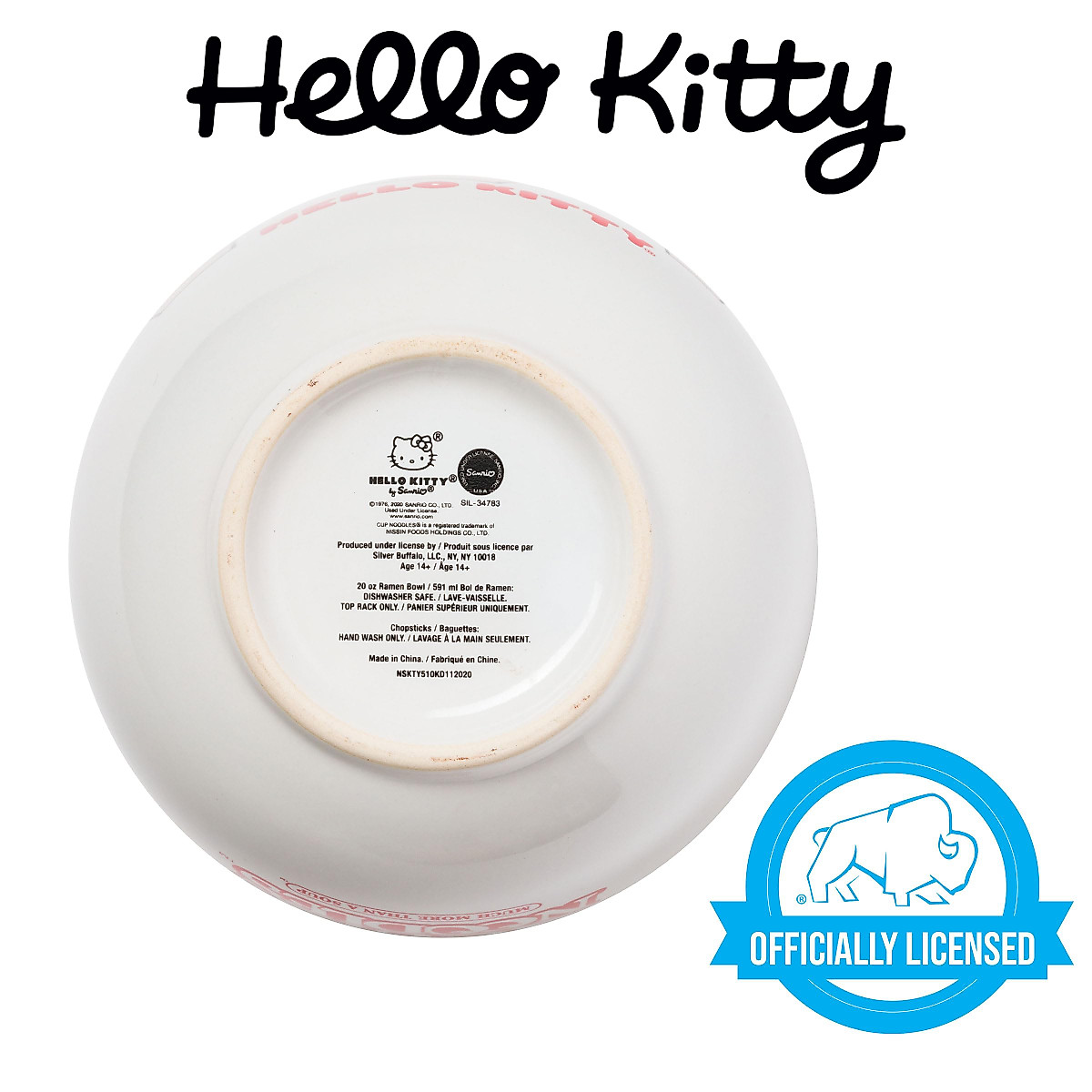 Silver Buffalo Hello Kitty Cup Noodles Nissin Boxed Ceramic Ramen Noodle Bowl with Chopsticks, 20oz