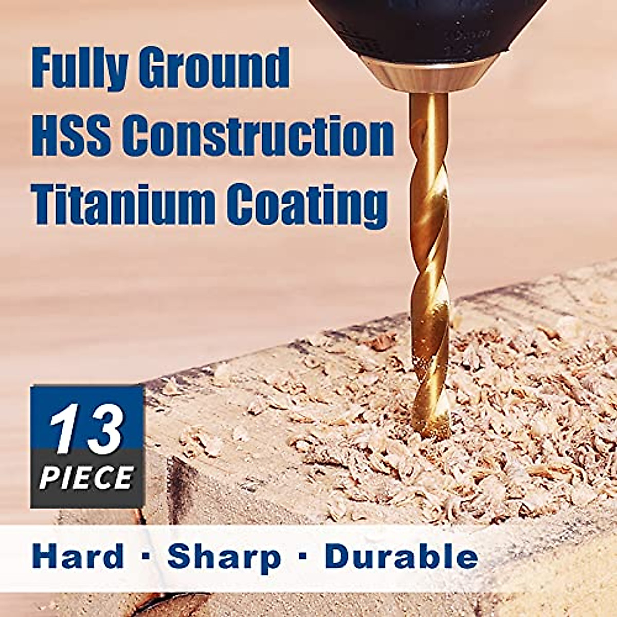 COMOWARE Titanium Twist Drill Bit Set - 13 Pcs Hex Shank High Speed Steel for Wood Plastic Aluminum Alloy, Quick Change, 1/16"-1/4"