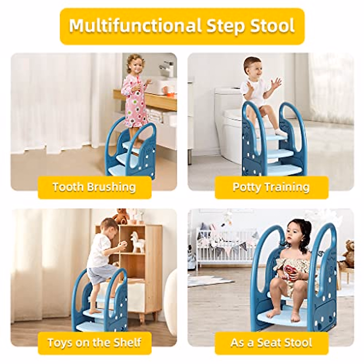 Kid Step Stool Plastic Toddler Step Stool for Kids Three Step Standing Tower for Kitchen/Bathroom/Toilet Potty Training, Learning Helper with Handles and Safety Non-Slip Pads (Deep Blue Light Blue)