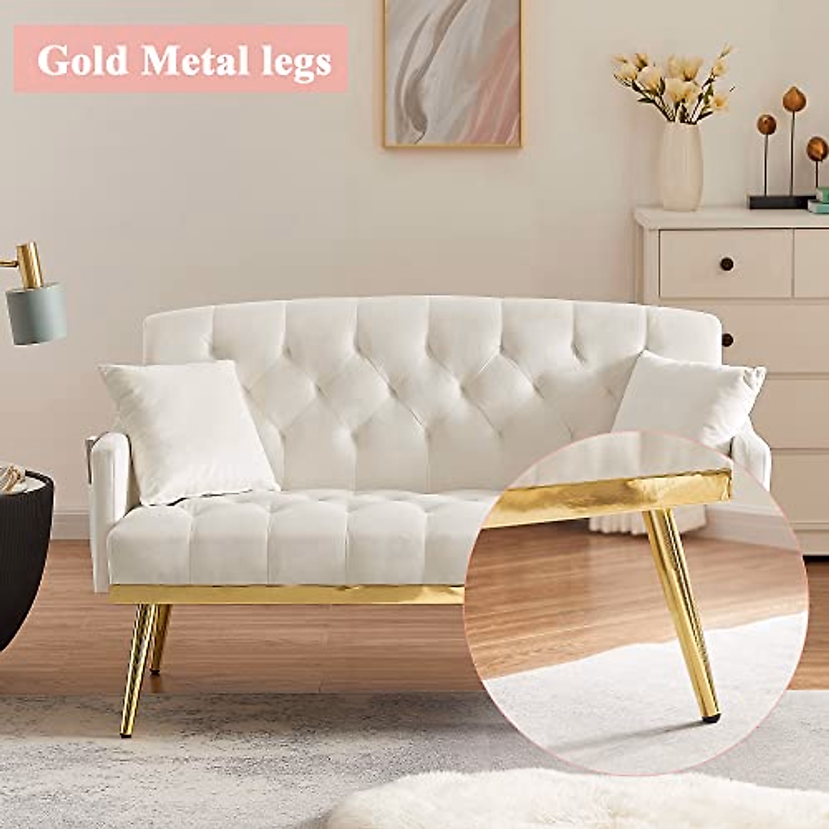 Tmosi Loveseat Sofa with 2 Throw Pillows, 55.5" Cream Velvet Couch Modern Sofa for Living Room with Armrest Pockets, Apartment Tufted Love Seat Couches Furniture for Small Spaces