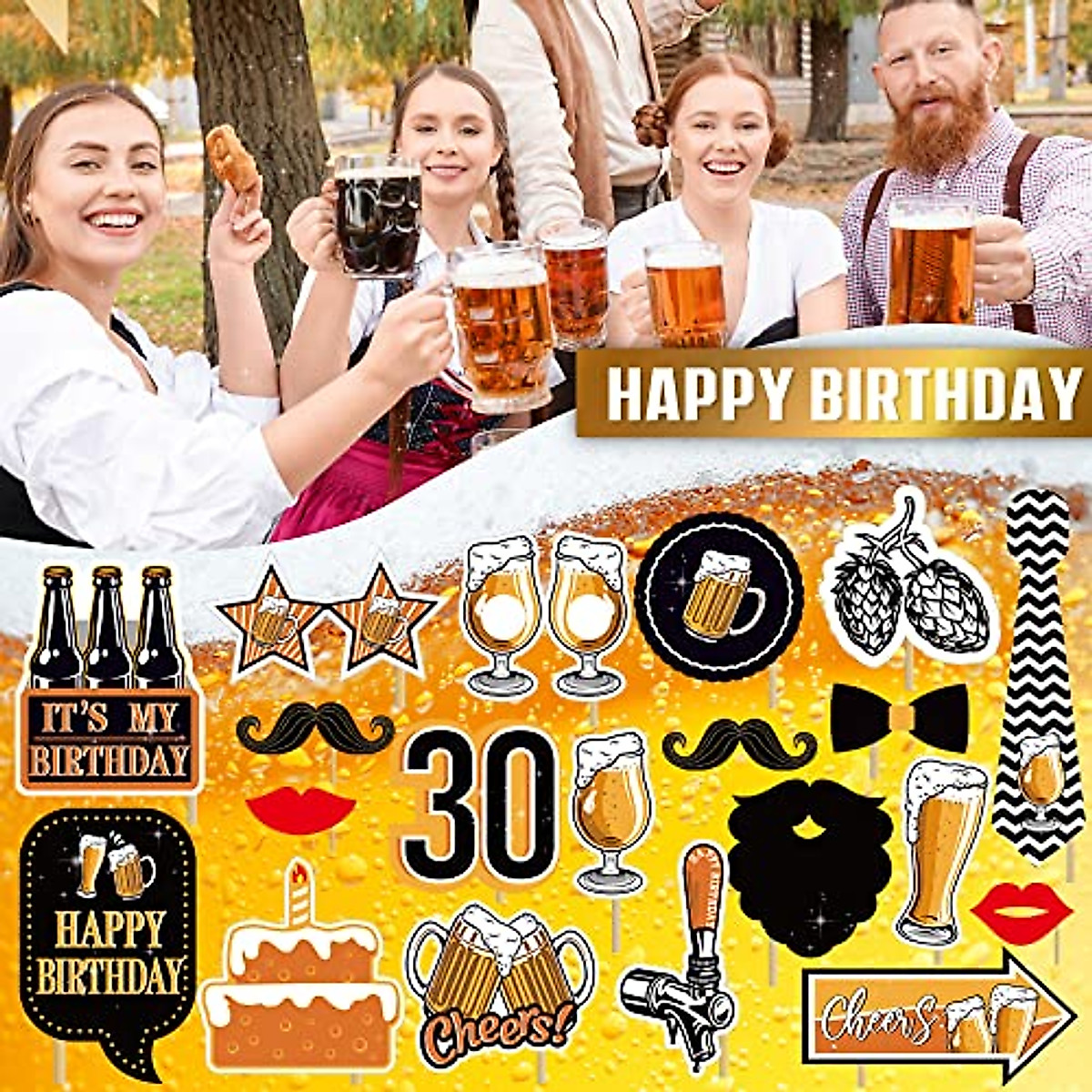 30th birthday decorations for him men - (60pcs) black gold party Banner, 40 Inch Gold Number Balloons,30th Sign Latex Balloon,Fringe Curtains and cheers to you Foil Balloons,Hanging Swirl,photo props