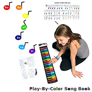 MUKIKIM Rock and Roll It - The Original Rainbow Piano. Roll Up Flexible Piano Keyboard for Kids / Beginners. Portable 49 Keys Silicone Piano Pad. Play-by-Color Songbook Included!