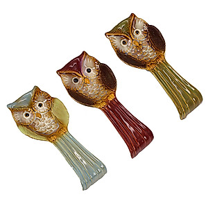MSUIINT 3 Pieces Owl Spoon Rest, Ceramic Ladle Holder Utensil Rester Modern Farmhouse Spoon Holder, Cooking Utensil Dining Table Decoration for Kitchen Counter Dining Table Coffee Station