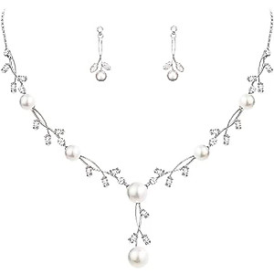 Luxury Cubic Zirconia Aurtrian Crystal Pearl Floral Necklace Dangle Earrings Wedding Bridal Jewelry Set Birthday Gifts for Her (Clear-Silver Plated)