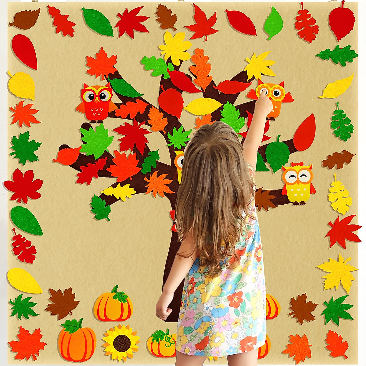 Winlyn Fall Tree of Thanks Craft Kit Fall Felt Bulletin Board Set Felt Fall Tree Board with 81 PCS Detachable Autumn Leaf Pumpkin Owl Sunflower Ornaments for Kids Classroom Craft Thanksgiving Activity