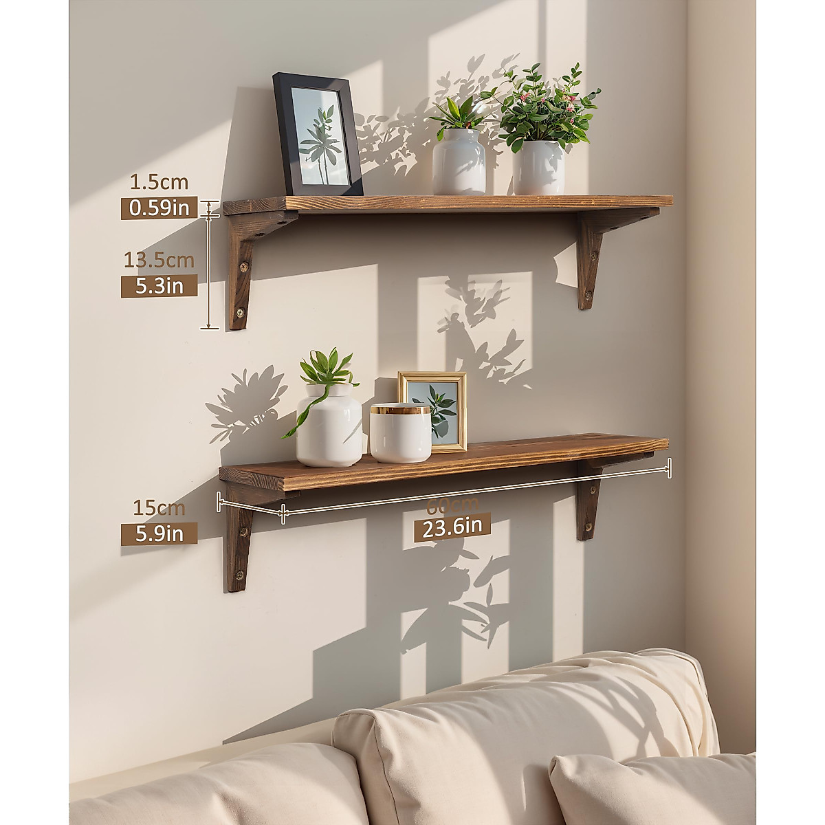 Afuly Wood Shelves for Wall, 24 Inch Rustic Floating Shelf with Wooden Brackets for Bedroom Living Room Kitchen, Wall Mounted Storage Shelving, Natural Solid Wood Home Decor