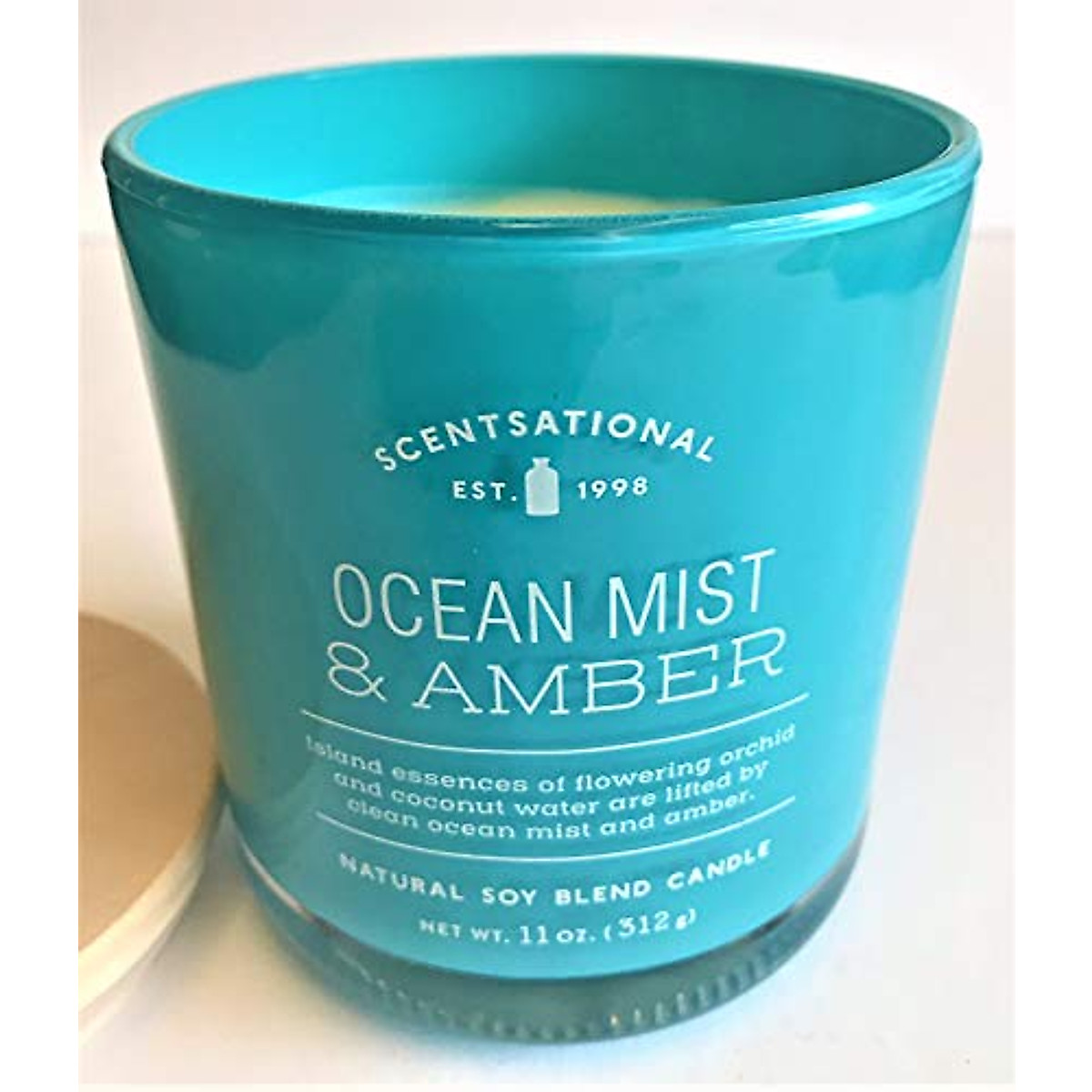 Natural Soy Wax Blend Scented Candle Ocean-Mist + Amber Glossy Teal Glass Jar, 11 Oz.