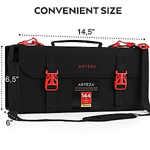 ARTEZA Art Markers & Pens Organizer, 144 Slots, Carrying Travel Case with Zipper Pocket and Handle, Removable and Adjustable Strap, Art Supplies for Storage and Organization
