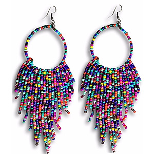 Tribal Dangle Fringe Tassel Bead & Hoop Earrings Native American Style by BOGZON (Multi Color)