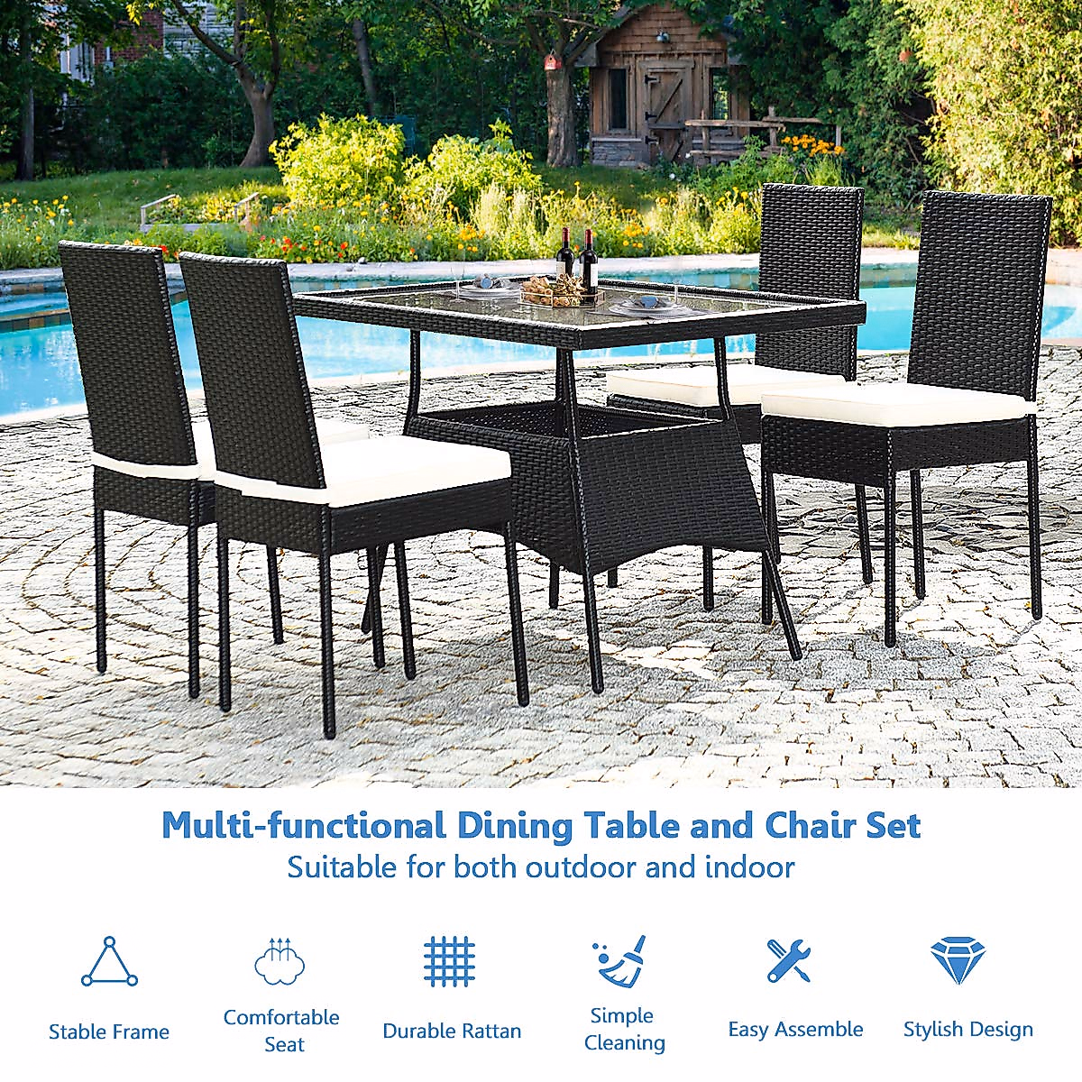 HAPPYGRILL 5-Piece Patio Dining Set Rattan Wicker Table Chairs Set with Cushions & Tempered Glass Table Top, Patio Furniture Outdoor Dining Set for Garden Poolside