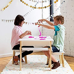Wildkin Kids Arts and Crafts Table Set for Boys and Girls, Mid Century Modern Design Table Includes Two Stools, Paper and Storage Cubbies Underneath Helps Keep Art Supplies Organized (White)
