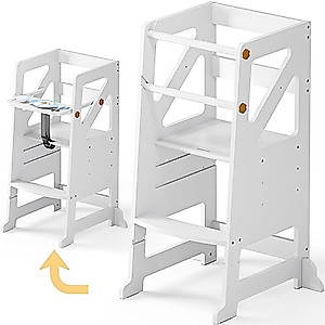 Rendpas Toddler Step Stool With Meal Tray, Wooden Kids Learning Tower For Kitchen Helper and Convertible High Chair, Adjustable Bathroom Step Stool With Safety Rail (White)