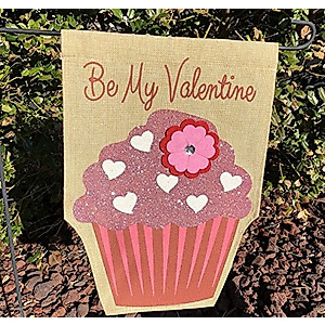 Happy Valentine's Day Garden Flag - Be My Valentine Burlap Flag – One Sided Yard Décor Decoration - Glitter Cupcake & Flower Applique Design - 12" x 17" size - by Jolly Jon
