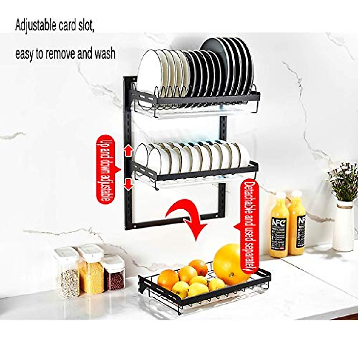FEHUN Sinks,3-Layer Kitchen Shelf 415 * 26 * 545Cm,Wall-Mounted Stainless Steel Drain Rack Dish Rack with Holder,Chopsticks Cage