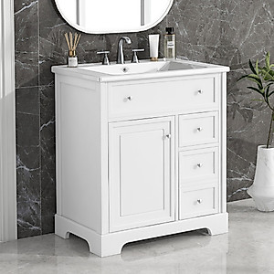 CuisinSmart 30" Bathroom Vanity with Sink Top, Bathroom Storage Cabinet Modern Design Solid Wood Frame Bath Vanity with One Door and Two Drawers White