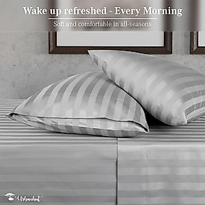 URBANHUT 800 Thread Count Egyptian Cotton Damask Striped Queen Size Sheets Set (4 Pc) - Ultra Soft & Smooth, Sateen Weave Queen Size Sheets, Luxury Hotel Sheets with 16" Deep Pocket - Silver Grey