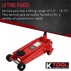 K Tool International 63131B 3 Ton Automotive Service Floor Jack for Garages, Repair Shops, and DIY, Portable, Compact, 6,000 lbs. Capacity, Hydraulic Lifting Range 5.5" - 8.75", Heavy Duty Steel, Red