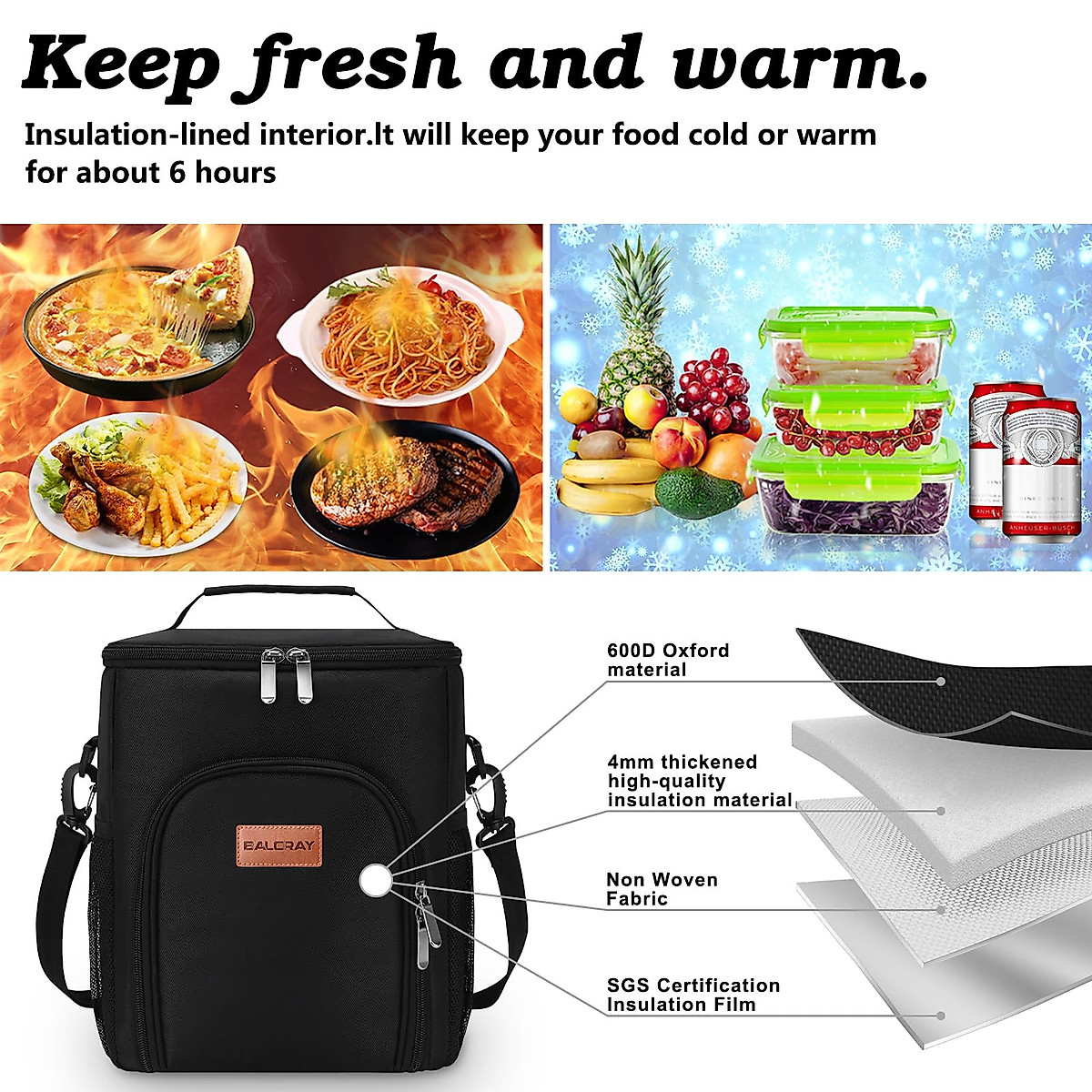 BALORAY Lunch Box for Men Women, Double Deck Insulated Lunch Bag for Adults with Adjustable Shoulder Strap, Reusable Lunch Cooler Bag Tote Bag for Work Office Outdoor Picnic Travel