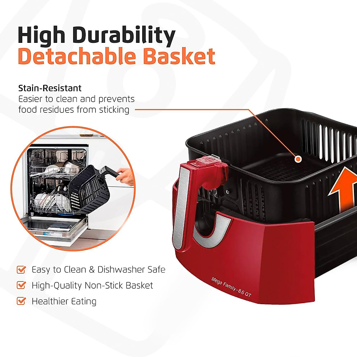 MONDIAL Air Fryer - 8.6 Quart Extra-Large Air Fryer, 2 Simple Dial Controls, 1800 Watts - Quick Heat Circulation Technology, Low Fat Cooking Less Calories - Removable Squared Basket - Red