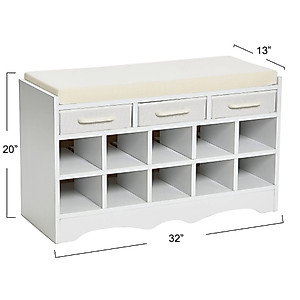 Household Essentials Entryway Storage Bench with 3 White Drawers 10 Shoe Compartments and Cushioned Seat in Scandinavian White