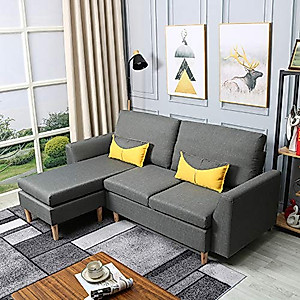 Best-Living Furniture Modern Linen Fabric L-Shaped Small Space Sectional Sofa with Stool, Reversible Chaise, in Grey
