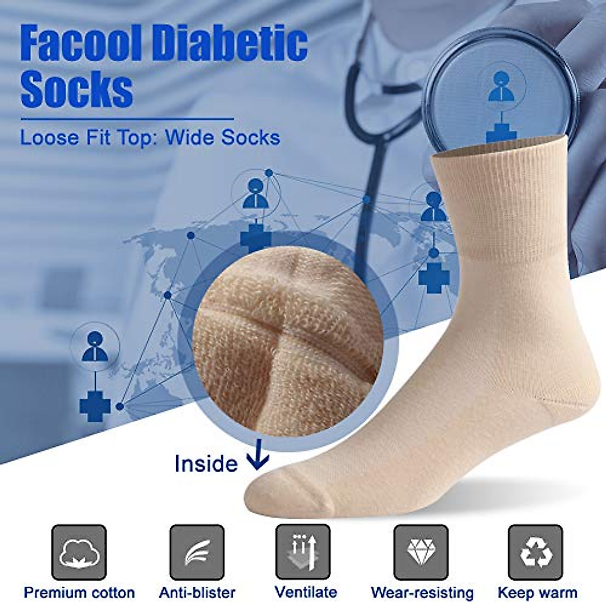 Facool Womens Diabetic Socks, Warm Cushion Cotton Crew Non Binding Loose Top Circulatory Viasox Diabetes Seamless Toe Moisture Wicking Wellness Socks, 6 Pairs Beige Medium