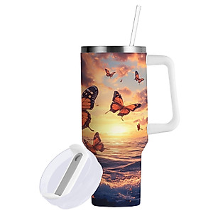 Slewiaeky Cute Animal Butterfly 40 oz Tumbler with Handle Straw and Lid Sunshine Stainless Steel Vacuum Insulated Reusable Water Bottle Glasses Travel Mug Thermal Cup for Home Office Car