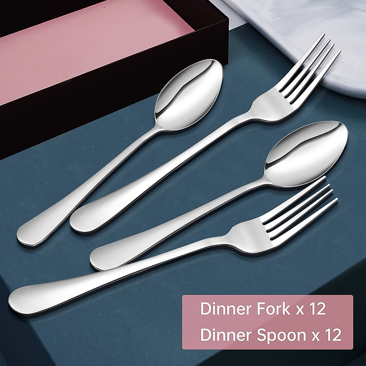 24Pcs Forks and Spoons Silverware Set,Tableware Spoons and Forks Set,Food Grade Stainless Steel Flatware Cutlery Set,Fork and Spoon Set for Home Kitchen Restaurant,Dishwasher Safe,Mirror Polished