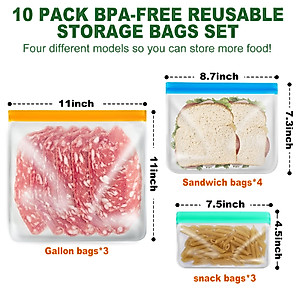 14 Pack Reusable Ziplock Bags Silicone Bags, 2 Large Food Storage Bags 2 Gallon Freezer Bags 4 Sandwich Bags Zip Lock 6 Snack Bags for Kids, Lunch Home Kitchen Fridge Organization Meal Prep Containers