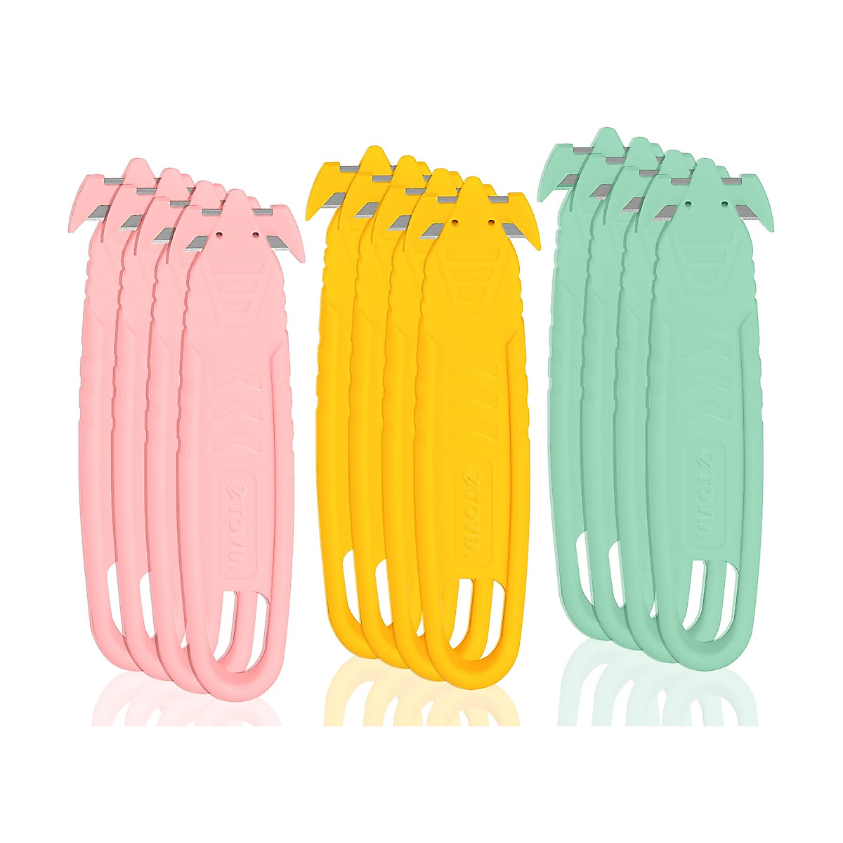 70-Pack Safety Box Cutter, T TOVIA SK2 Stainless Steel Concealed Blade Package Opener with Tape Splitter for Cartons, Cardboard, Wrap, Straps, Film (30 Pink, 20 Green, 20 Yellow)
