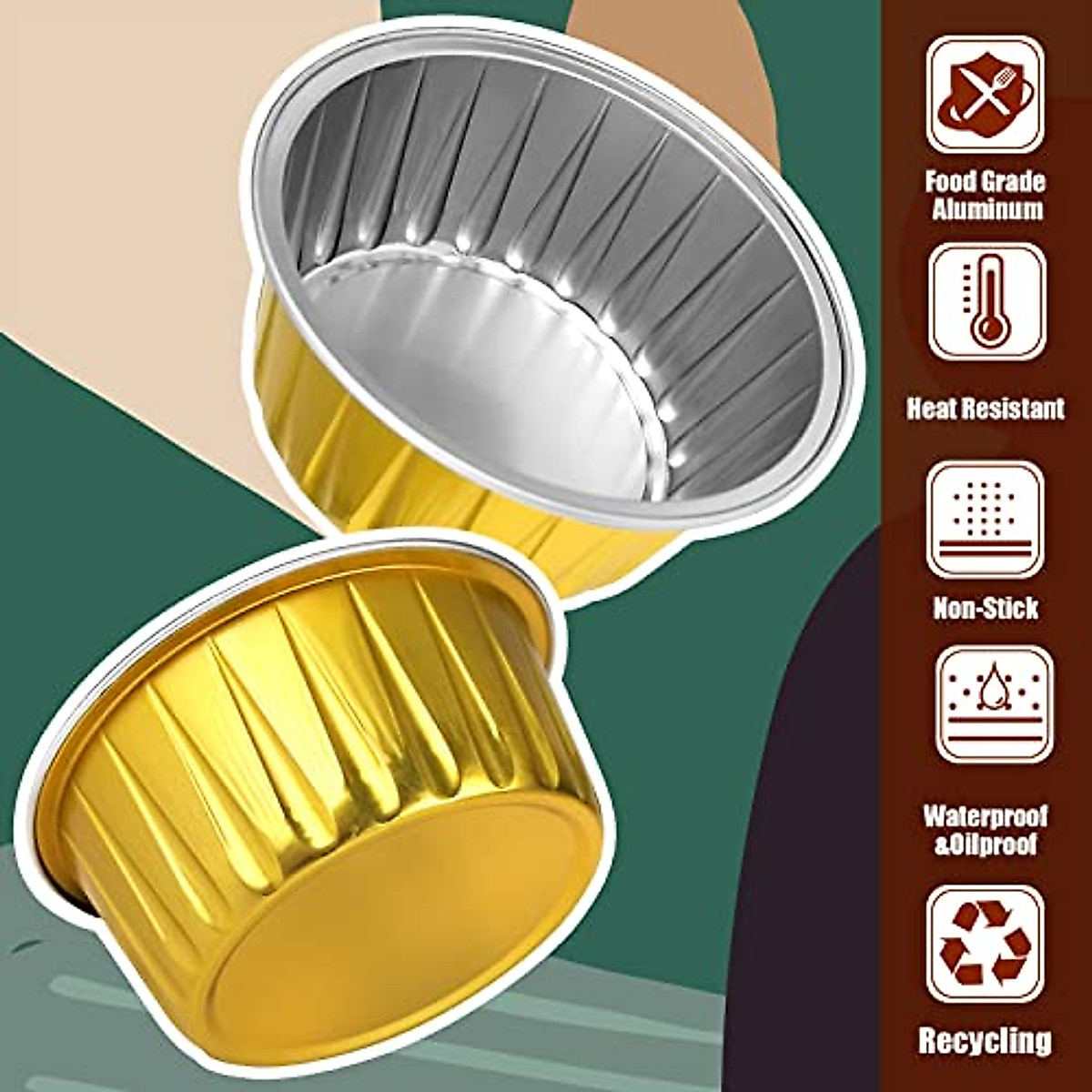 Cupcake Liners, 50PC Aluminum Foil Cupcake Tins with Lids 5oz Disposable Ramekins Mini Muffin Creme Brulee Cupcake Containers Dessert Cups for Wedding Party Gold