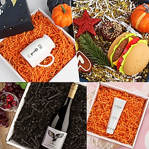 LOMIMOS 300g/10.6oz Halloween Raffia Paper Confetti Shred,Orange Black Gold Cut Paper Filler for Gift Wrapping Craft DIY Packaging Filling Party Decoration