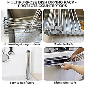 TOQI Roll Up Dish Drying Rack Over The Sink, 17.7" x 11.8" Multipurpose Rolling Dish Drainer, Foldable Roll-Up Sink Drying Rack Mat Stainless Steel Dish Rack for Kitchen Sink Counter