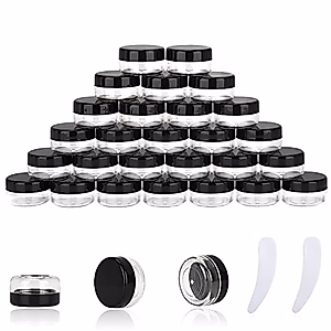 25PCS 10 Gram Sample Containers, 10ml Empty Jars with Lids, Small Cosmetic Containers, Mini Sample Jars with 2PCS Mini Spatulas for Make Up, Oils, Lotion, Powder, Paint, Jewelry, Lip Balms(Black Lid)