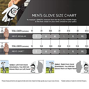 FINGER TEN Golf Gloves Men Right Left Handed Golfer 3/6 Pack Mens Golf Glove Left Right Hand Soft Cabretta Leather All Weather Grip Size S M ML L XL (White-3 Pack, Medium, Left)