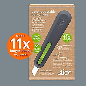 Slice 10554 Auto Retract Utility Knife, Finger Friendly, Safe Ceramic Blade Retracts Automatically, Lasts 11x Longer Than Steel, 1 Pack, Green