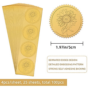 CRASPIRE Sunflower Gold Certificate Embossed Seals 100pcs Seals 2" Foil Round Self Adhesive Embossing Stickers for Awards Wedding Invitations Party Favors Envelopes Graduation Seals