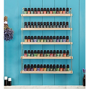 J JACKCUBE DESIGN Wall Mount Essential Oils Display Shelf with 5 Tier for 70 Bottles Holder Gold Frame and Wood Rack Organizer - MK482B
