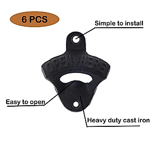 Luwanburg 6 PCS Black Cast Iron Beer Bottle Opener Wall Mounted Bottle Cap Opener Open Here for Man Cave Patio Bar