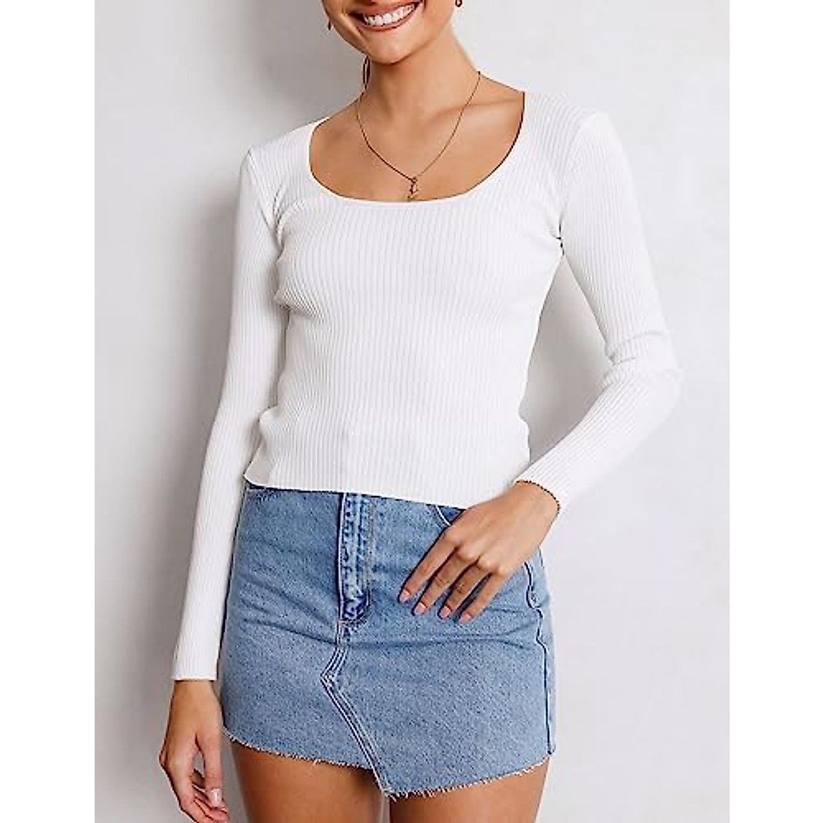 ZESICA Women's 2023 Long Sleeve Square Neck Shirts Fall Clothes Slim Fitted Ribbed Knit Sweater Basic Tee Tops,White,Large